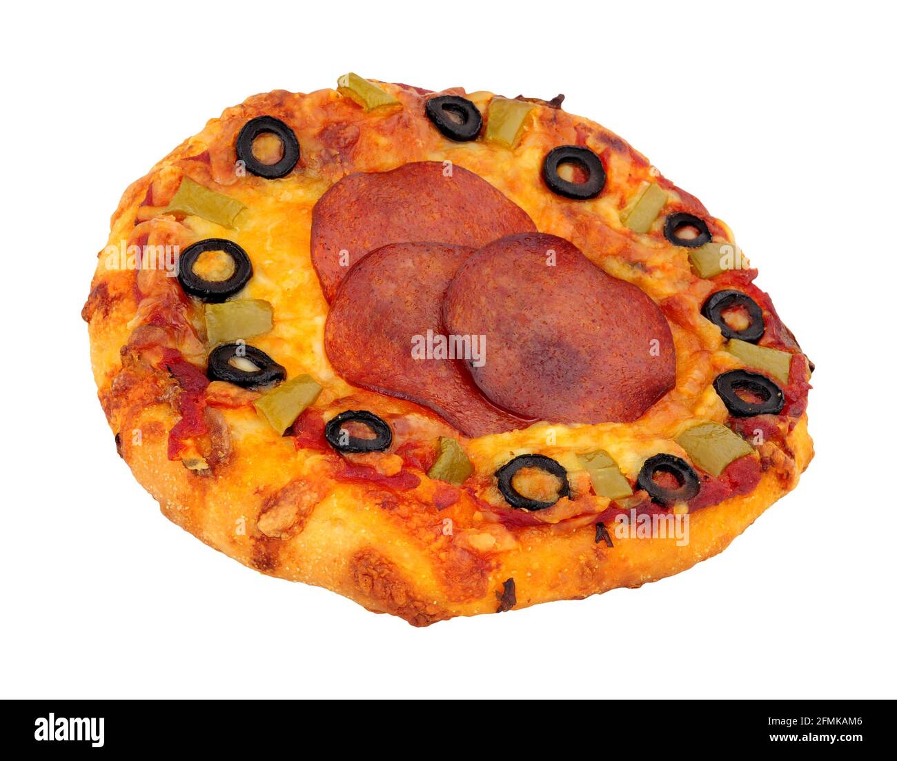 Small pepperoni and cheese flatbread pizza isolated on a white ...