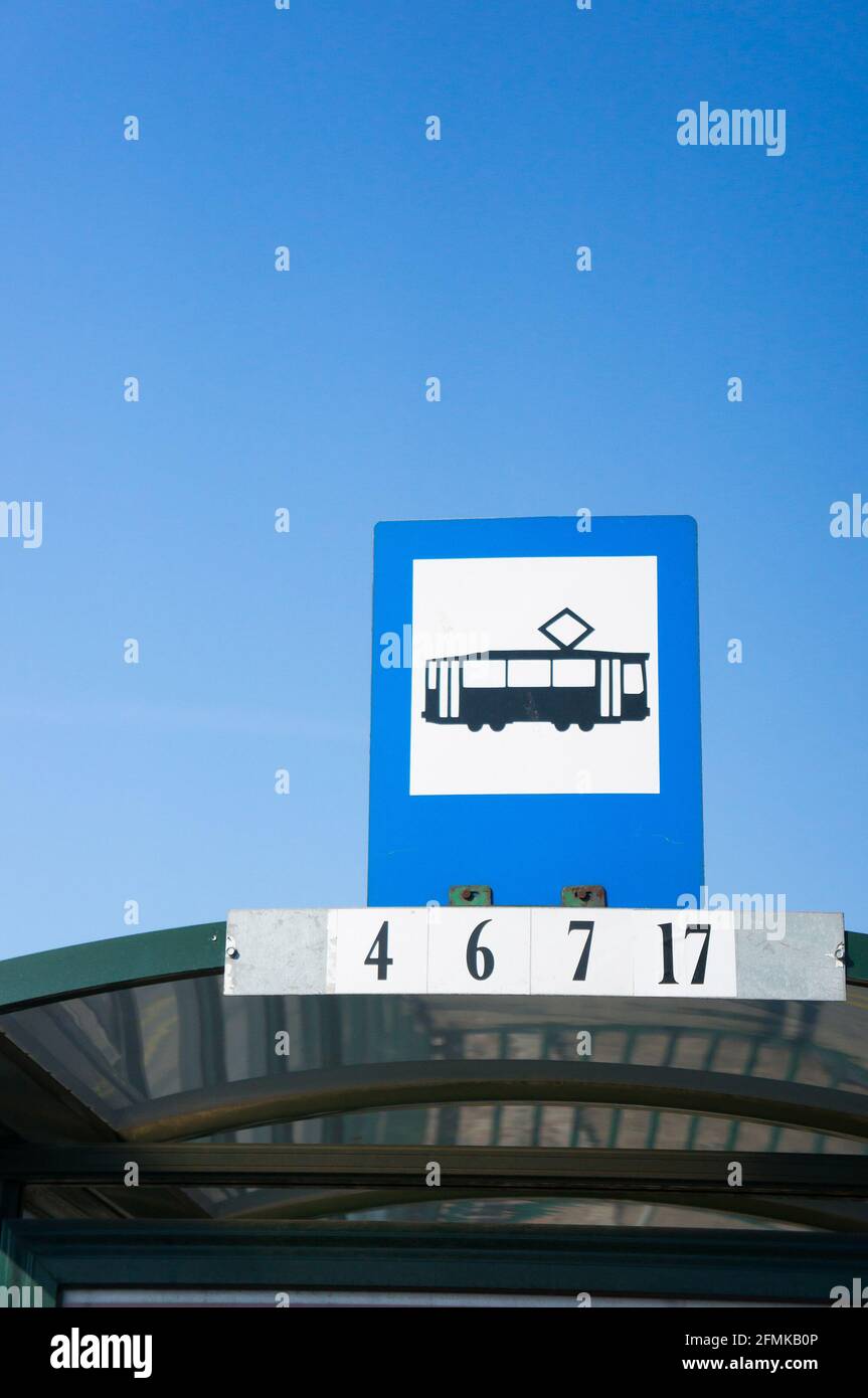 POZNAN, POLAND - Nov 01, 2014: Blue sign with tram symbol at a stop ...