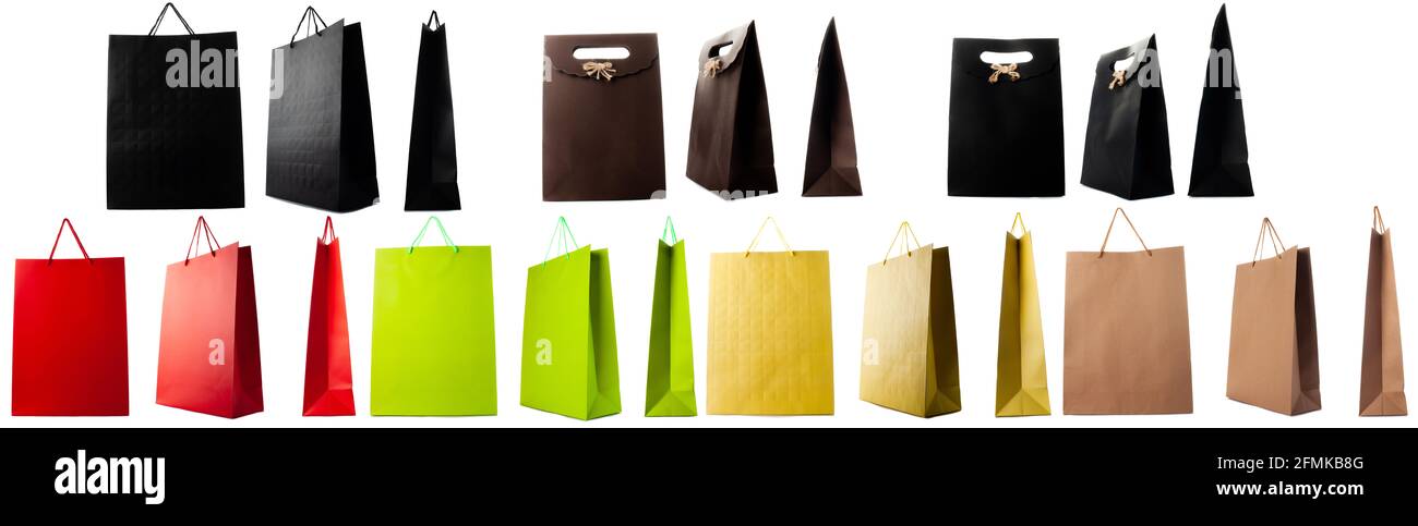 Set of different shapes and colors paper bags isolated on white ...