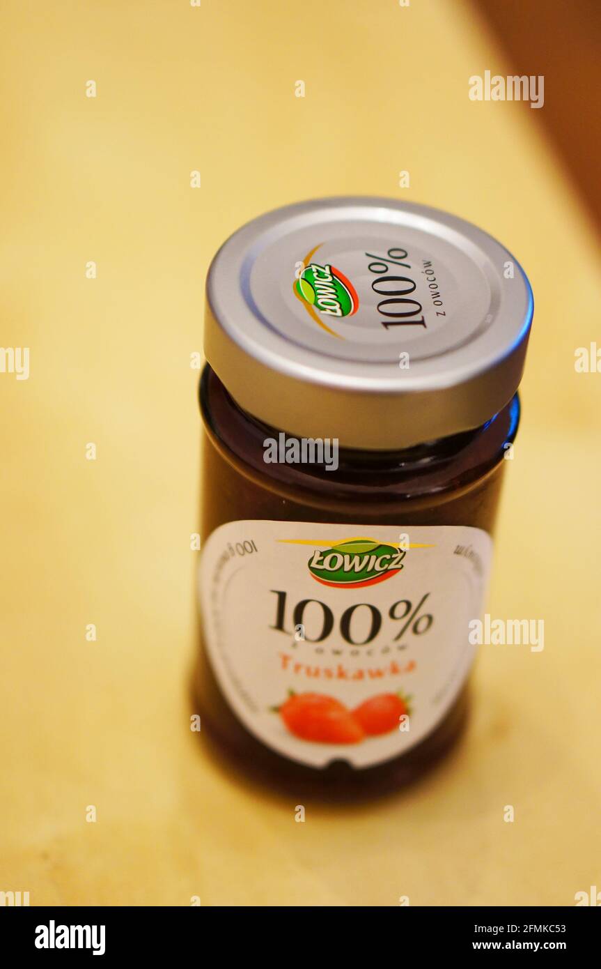 POZNAN, POLAND - Feb 02, 2014: 100 percent strawberry marmalade in a ...