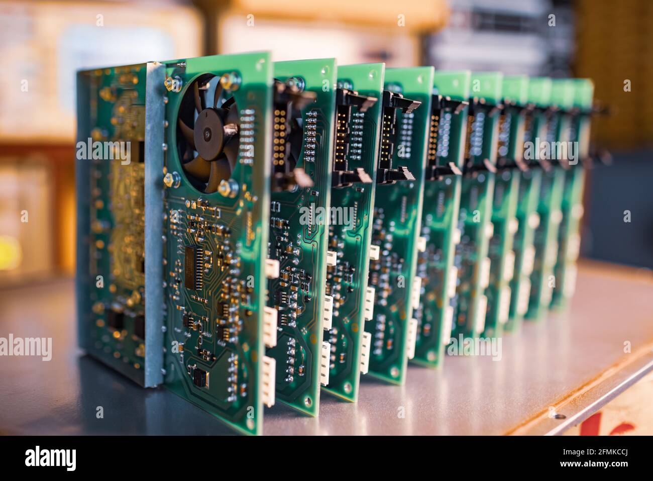 Close-up electric green embedded microcircuits in production Stock ...