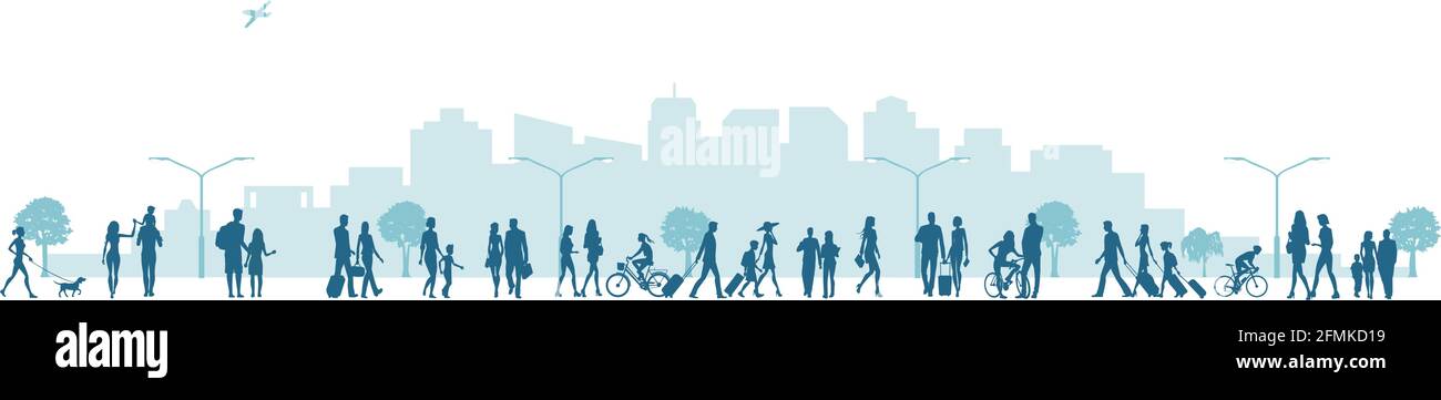 Vector illustration of silhouettes of crowded people walking on the ...