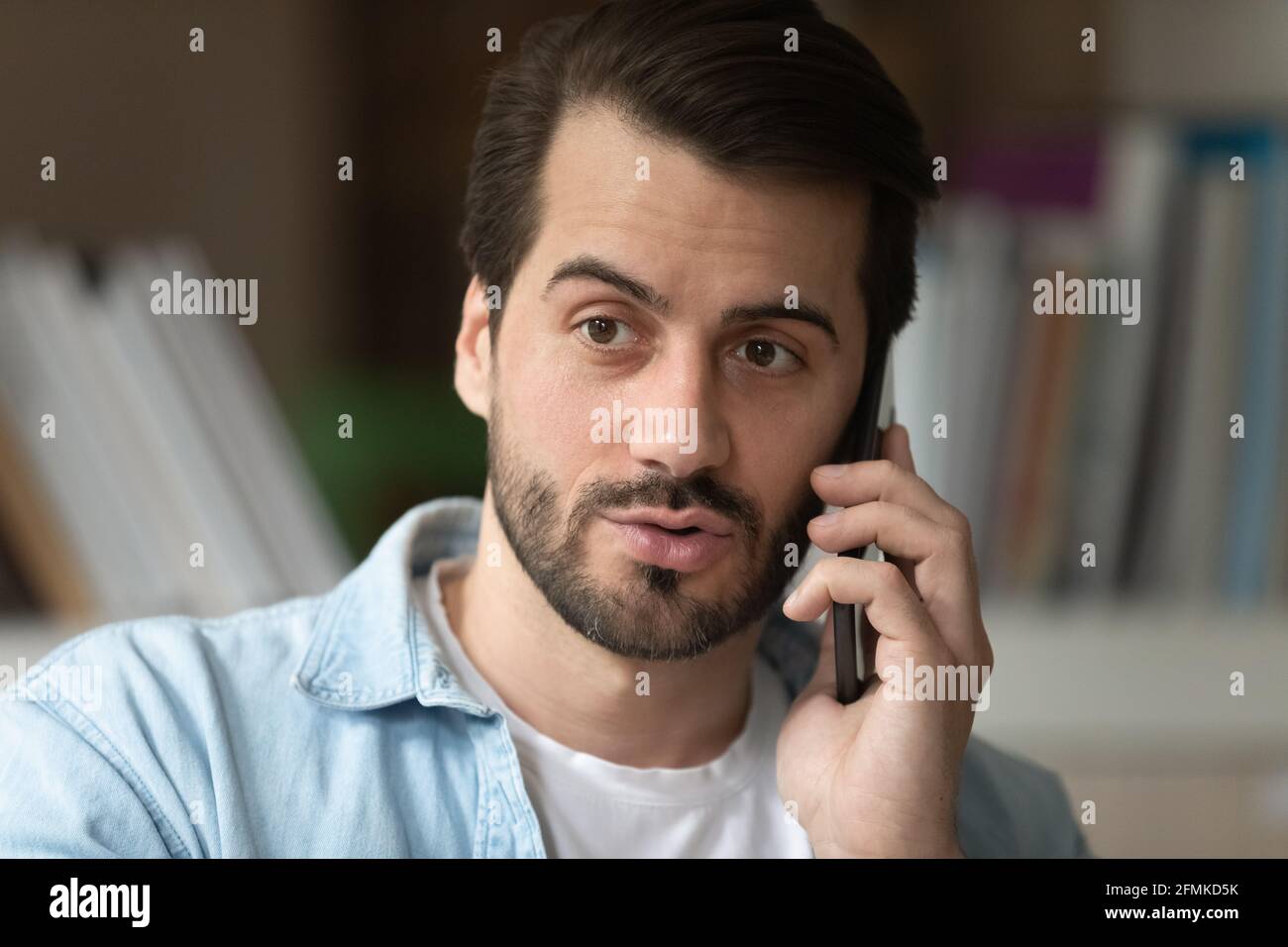 Head shot confident man talking on smartphone, making phone call Stock ...
