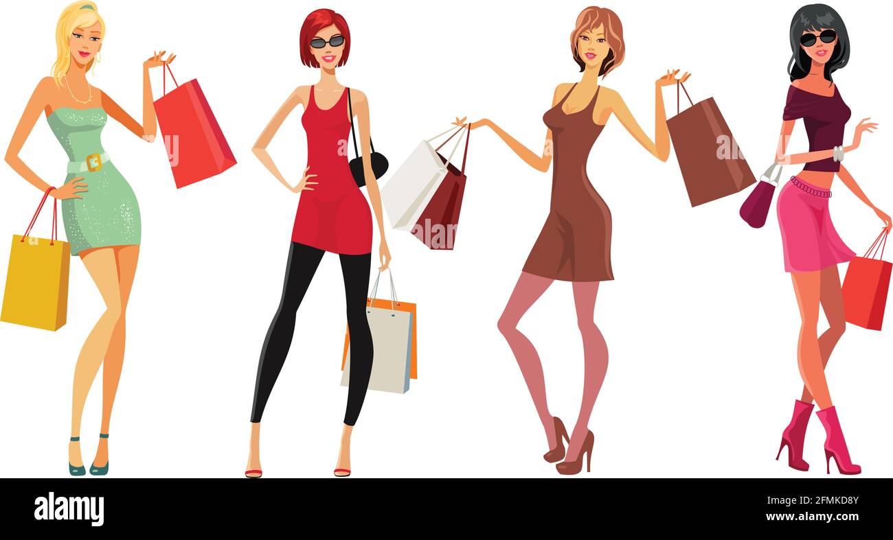 Glamorous ladies and shopping bags in modern outfits. The girls are ...