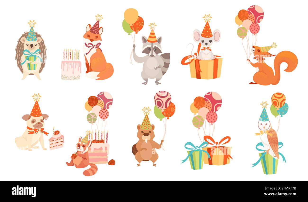 Set of festive style animals with gifts and ballons cartoon happy ...