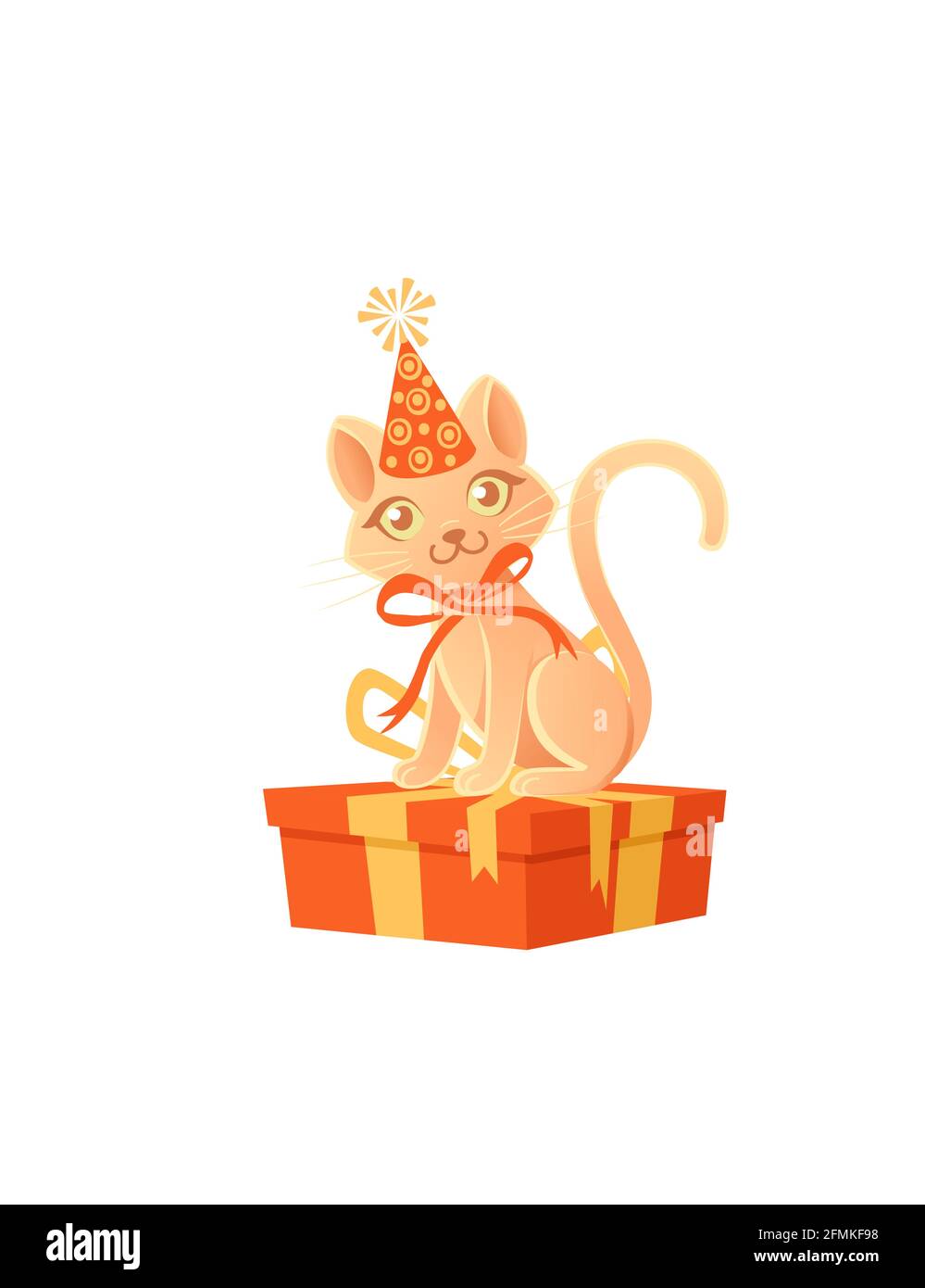 Cute cat with cone hat and red bow sitting on gift box cartoon animal ...