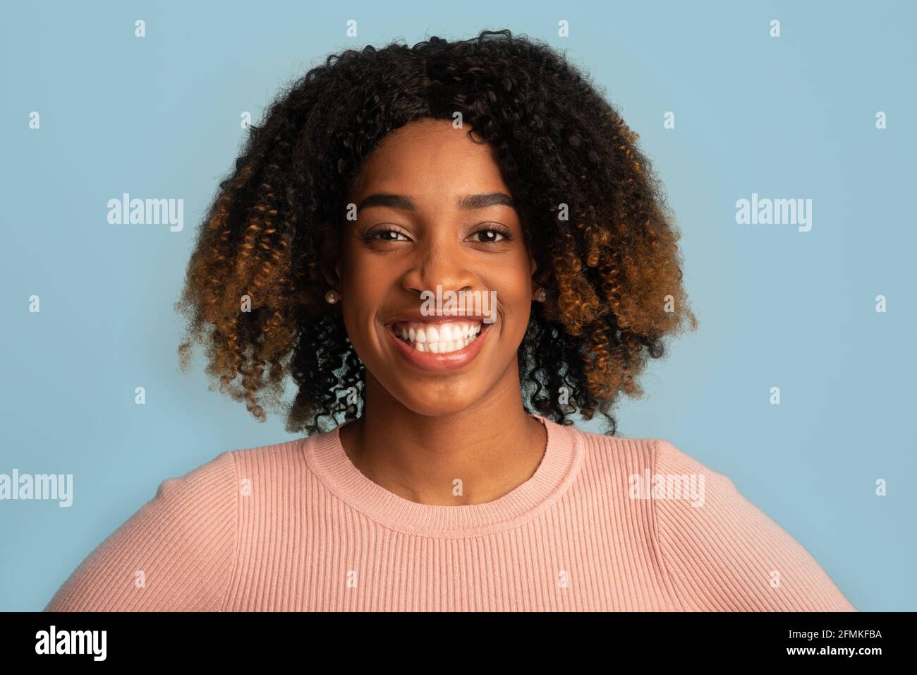 Portrait Of Beautiful Happy Young Black Lady With Curly Hair, Positive ...