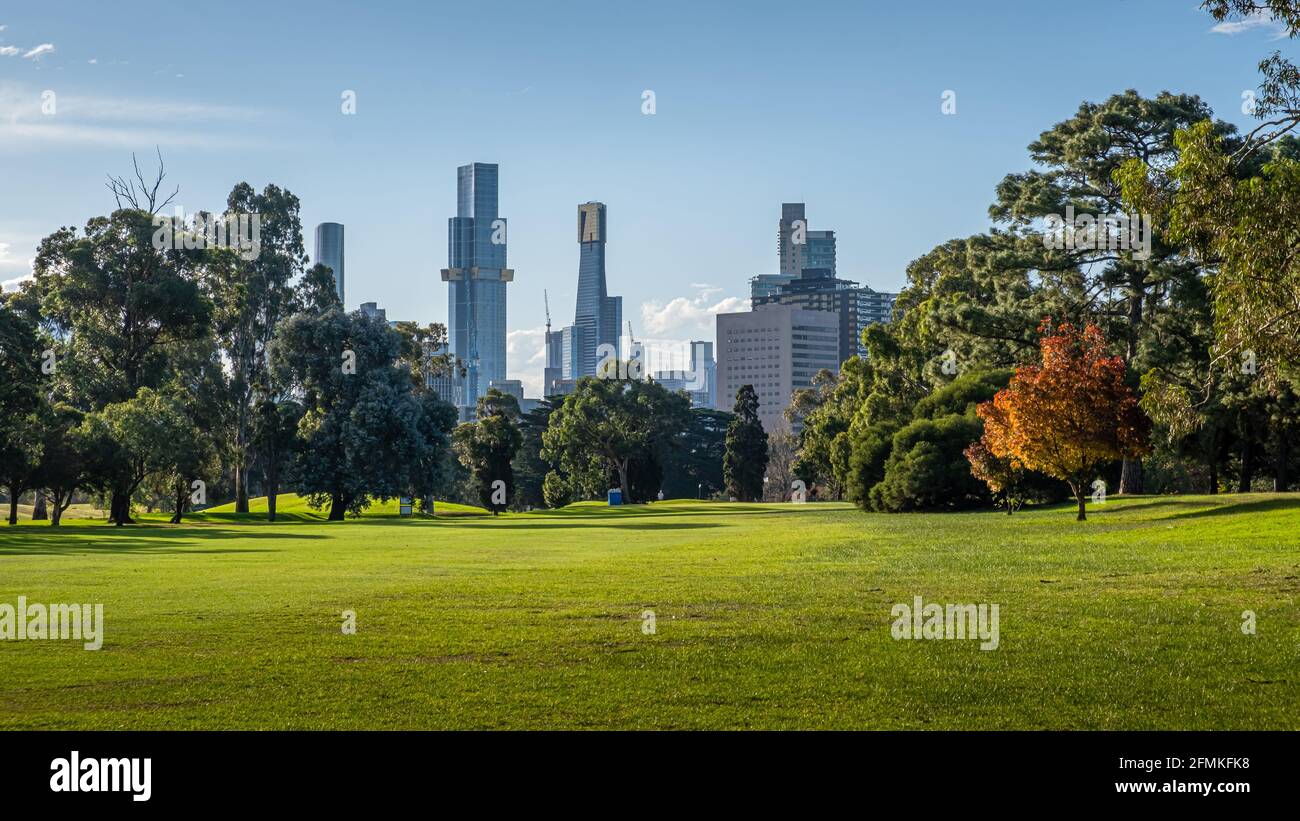 Albert Park Golf Course with buildings background at Melbourne Victoria ...
