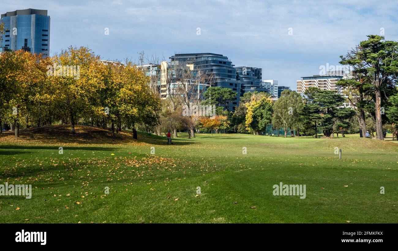 Albert Park Golf Course with buildings background at Melbourne Victoria ...