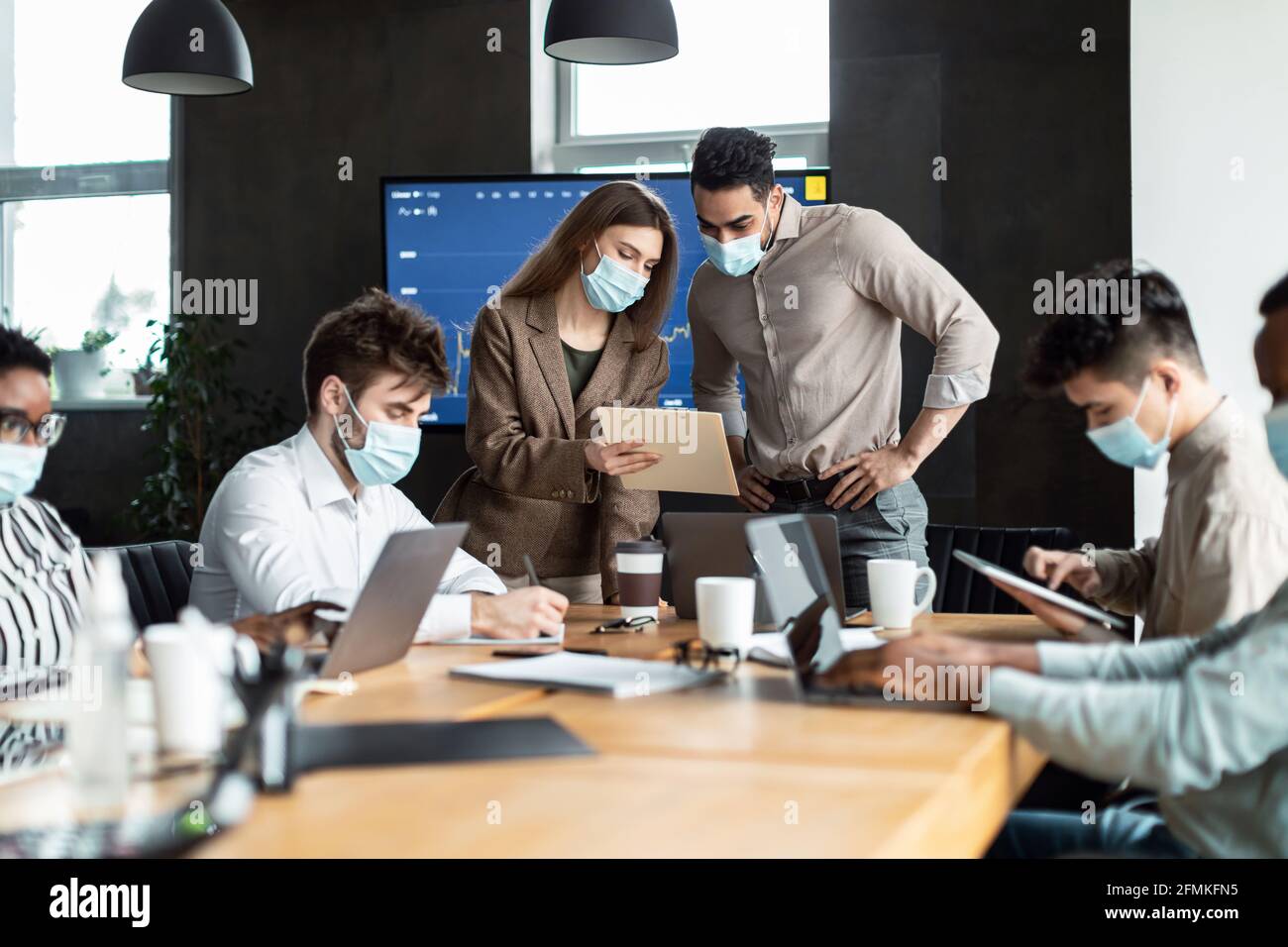 Teamwork And Corporate Meeting Concept. Businesspeople In Medical Face ...