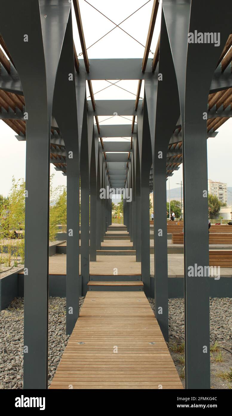 Wooden canopy and grey steel column at the modern structure Stock Photo ...