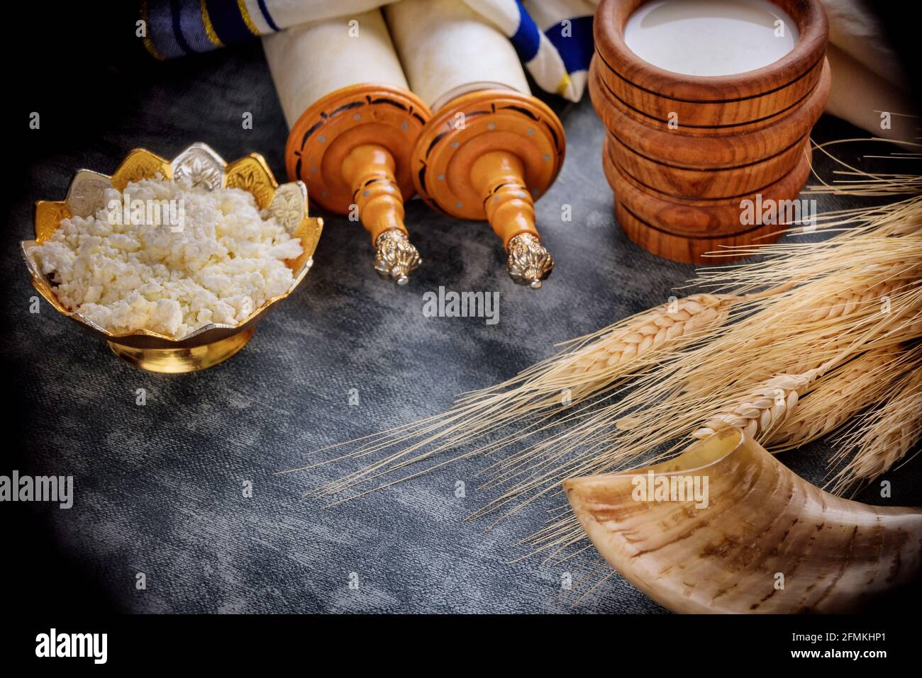 Traditional Jewish holiday Shavuot in the kosher dairy food on harvest ...