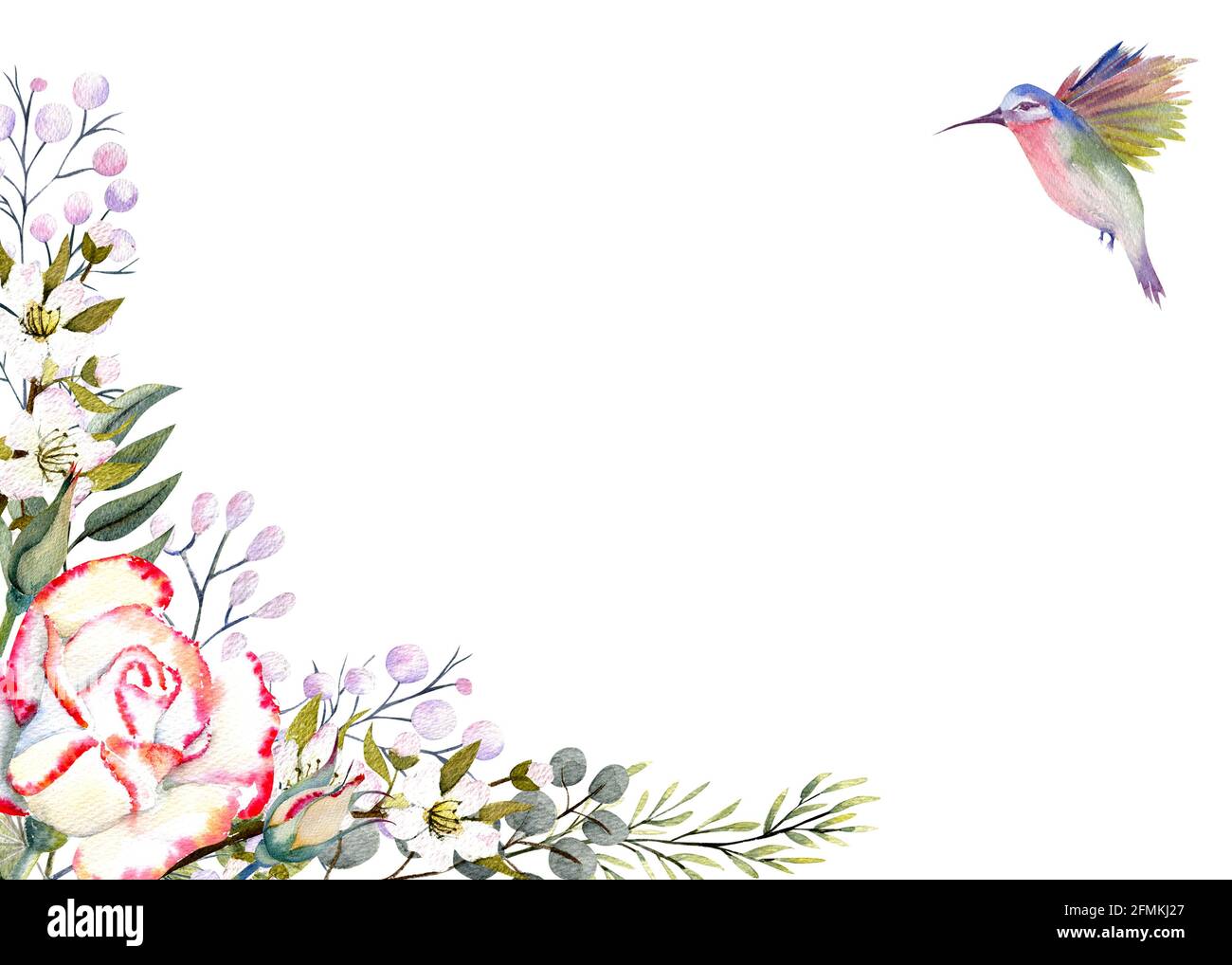 Horizontal frame with watercolor rose flowers, leaves, decor, and ...