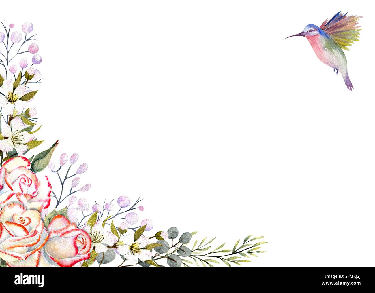 Horizontal frame with watercolor rose flowers, leaves, decor, and ...