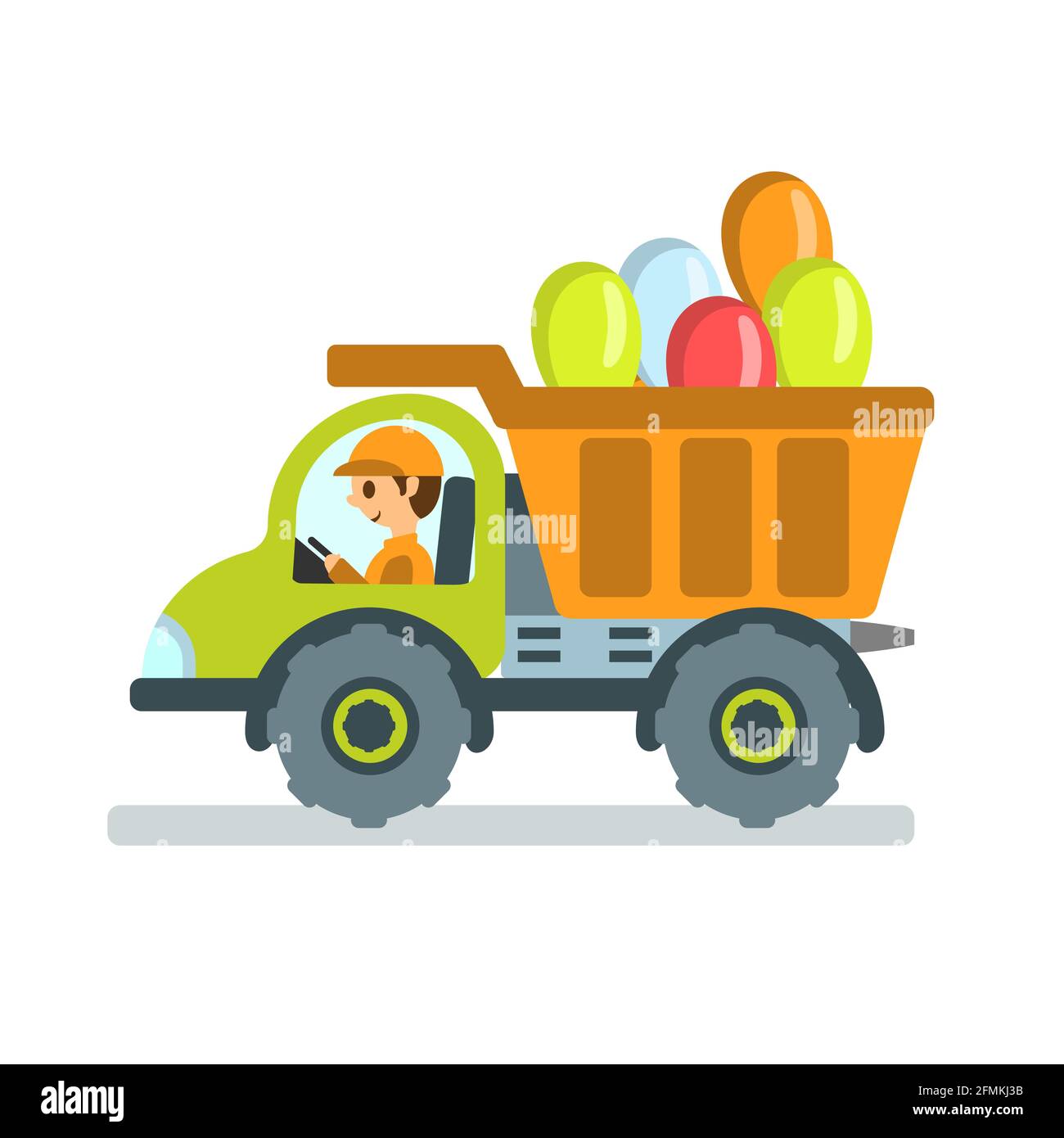 Dump truck with balloons and driver on white isolated background ...