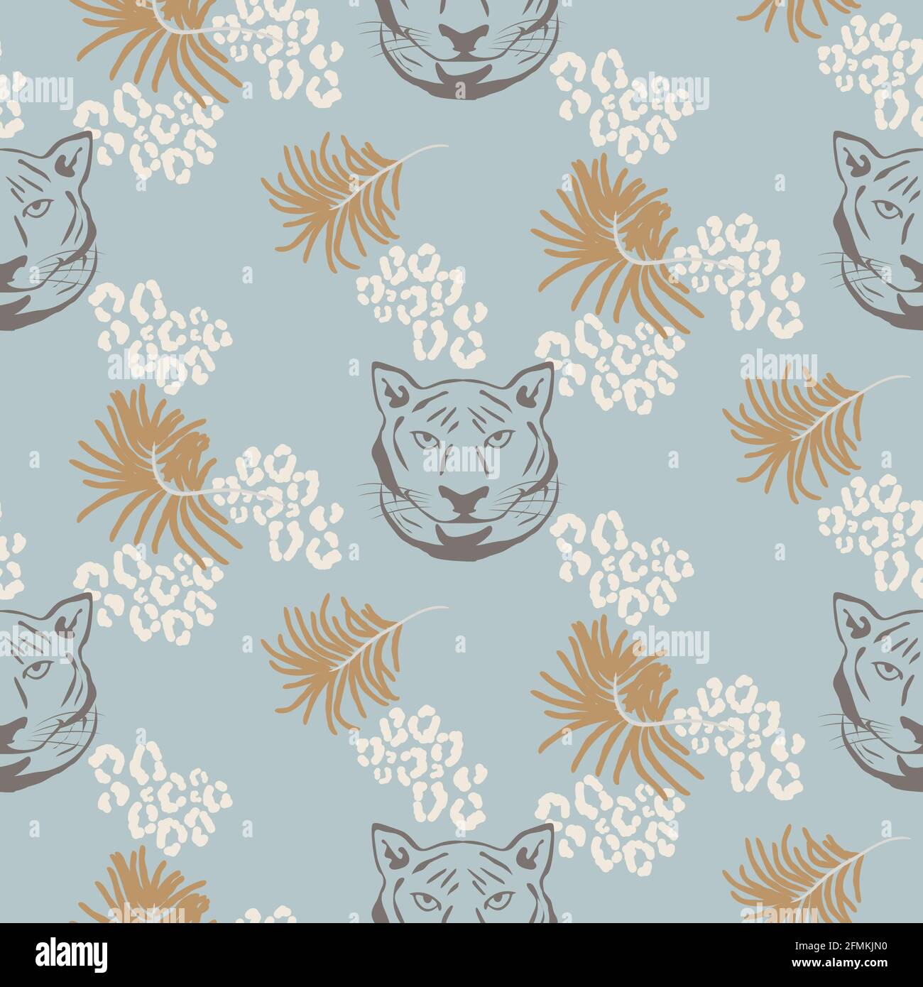Tiger head seamless vector pattern. Silhouette wild cat animal blue ...