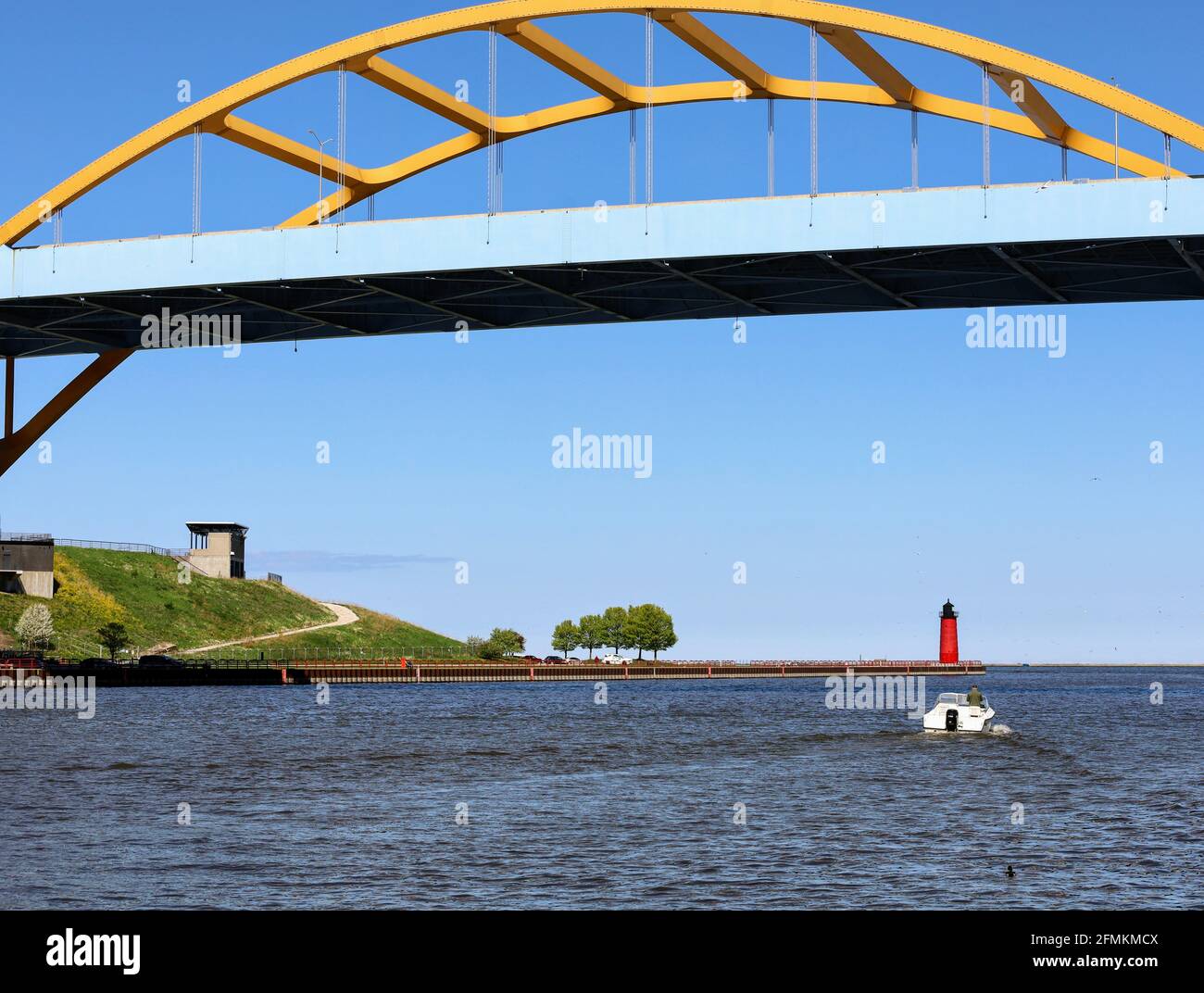 Port of Milwaukee, looking out to Lake Michigan with Lighthouse and ...