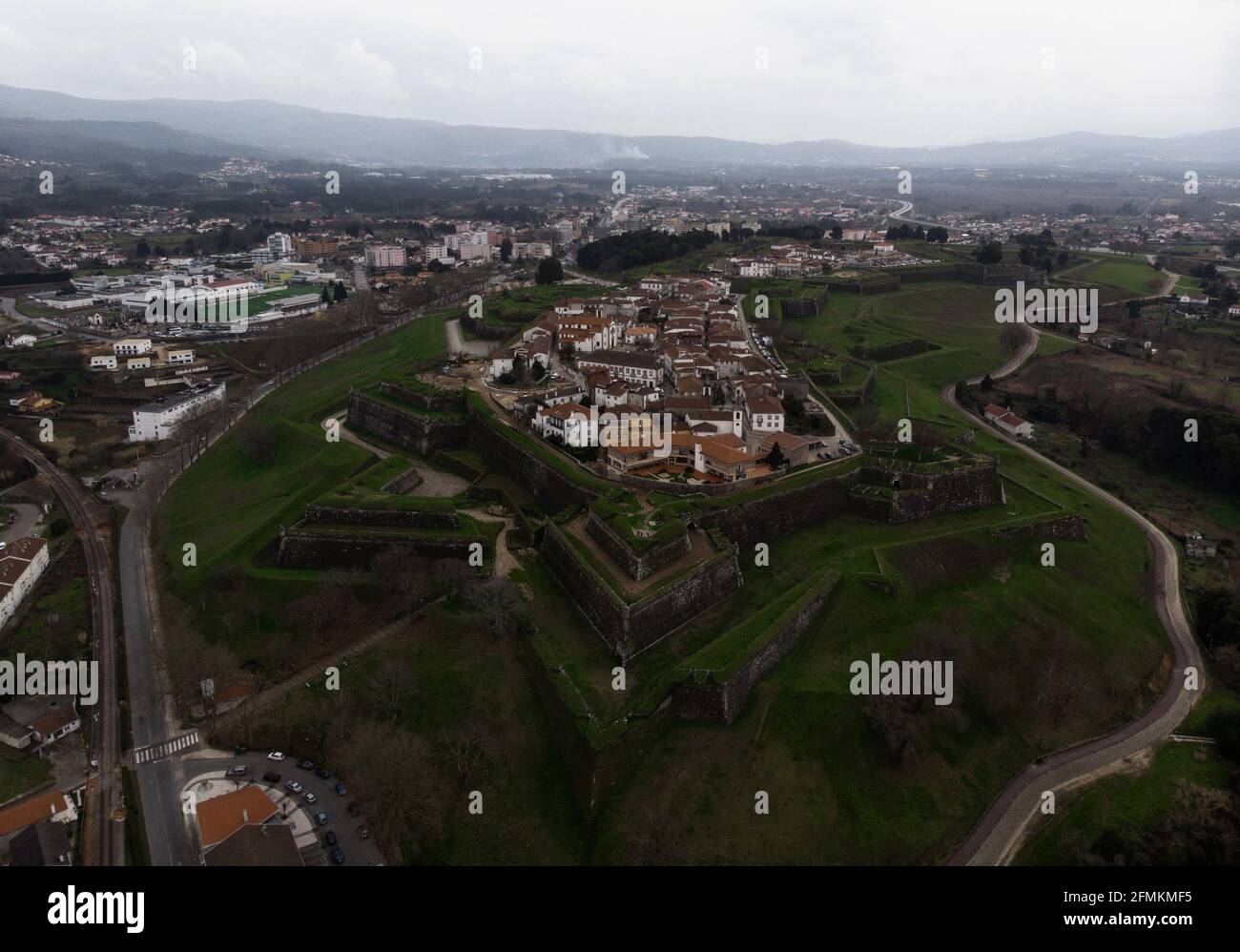 Aerial panorama view of medieval old historic city wall castle fortress ...
