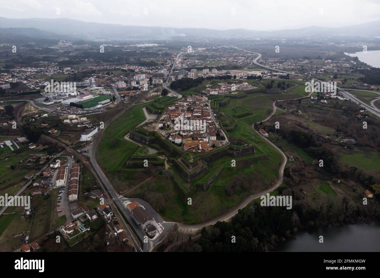 Aerial panorama view of medieval old historic city wall castle fortress ...