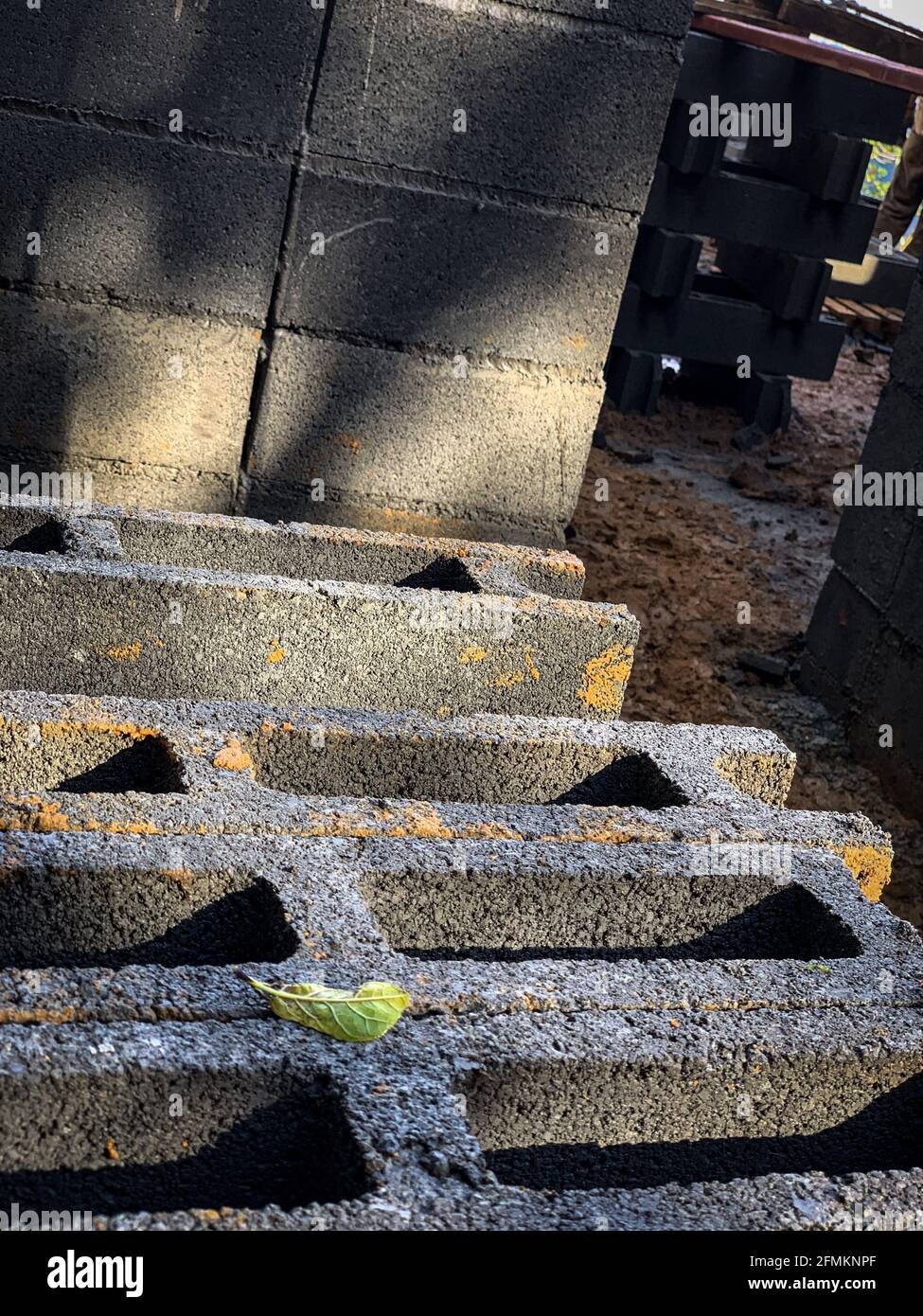 Vertical shot expanded clay concrete blocks in a construction area ...