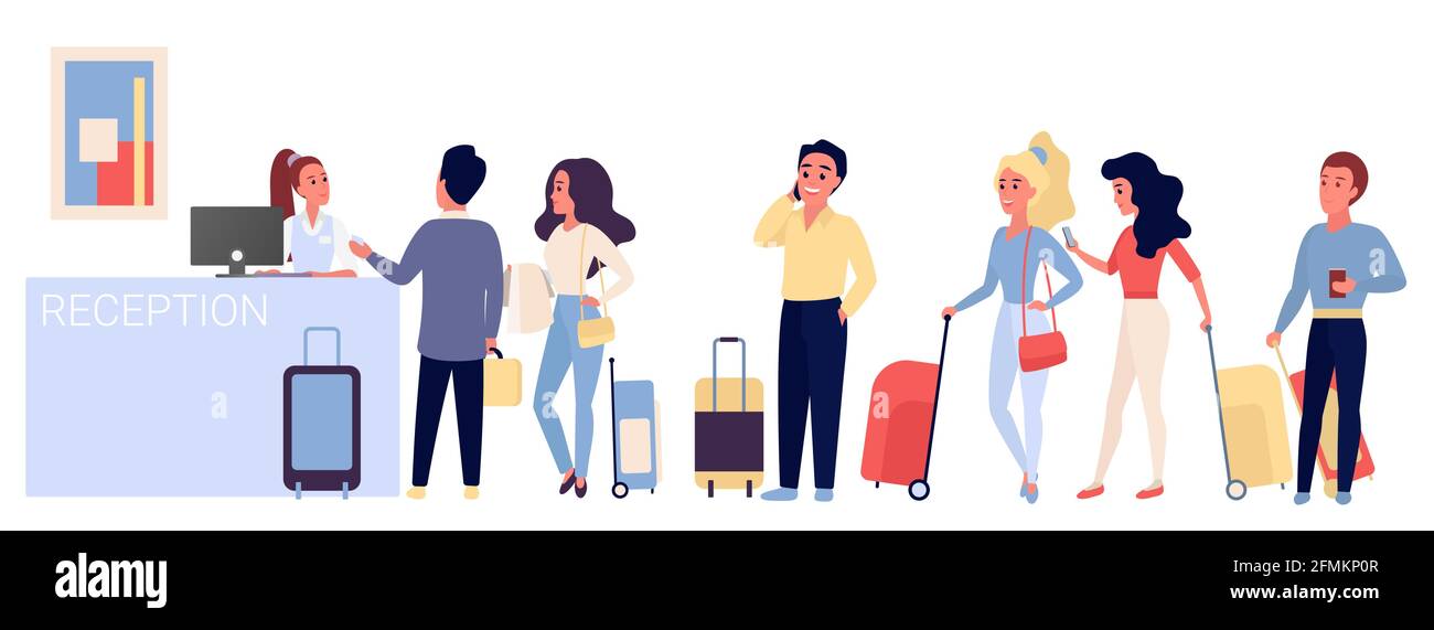 People staying and waiting in long queue at counter reception vector ...