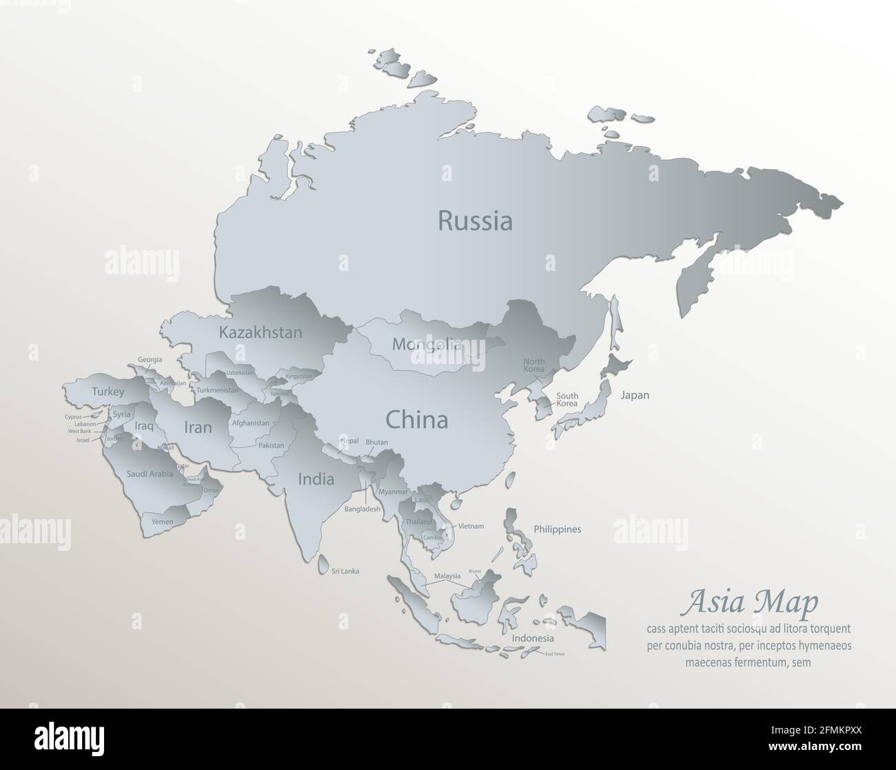 Asia map, separate states with names, white blue card paper 3D vector ...