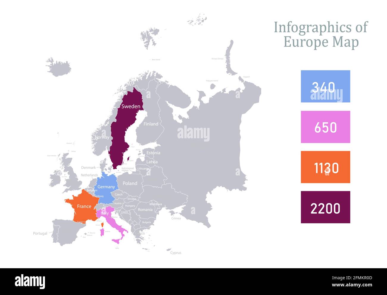 Infographics of Europe map, individual states with names vector Stock ...