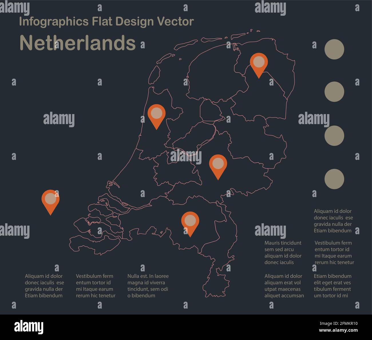 Infographics Netherlands map outline, flat design, color blue orange ...