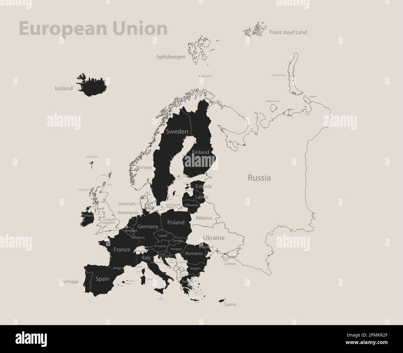 Black map of European Union with names of states, design blackboard ...