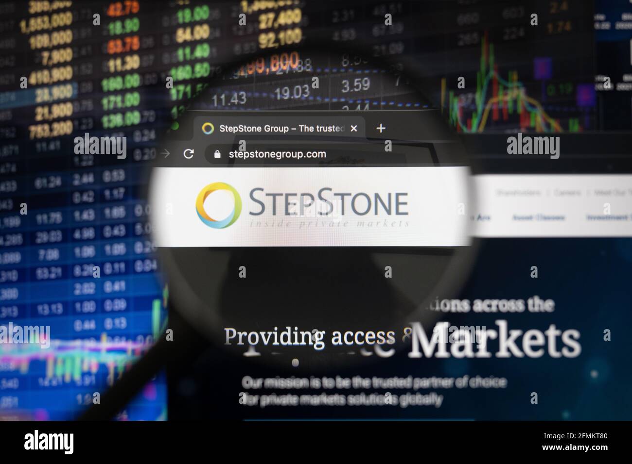 Stepstone company logo on a website with blurry stock market developments in the background ...