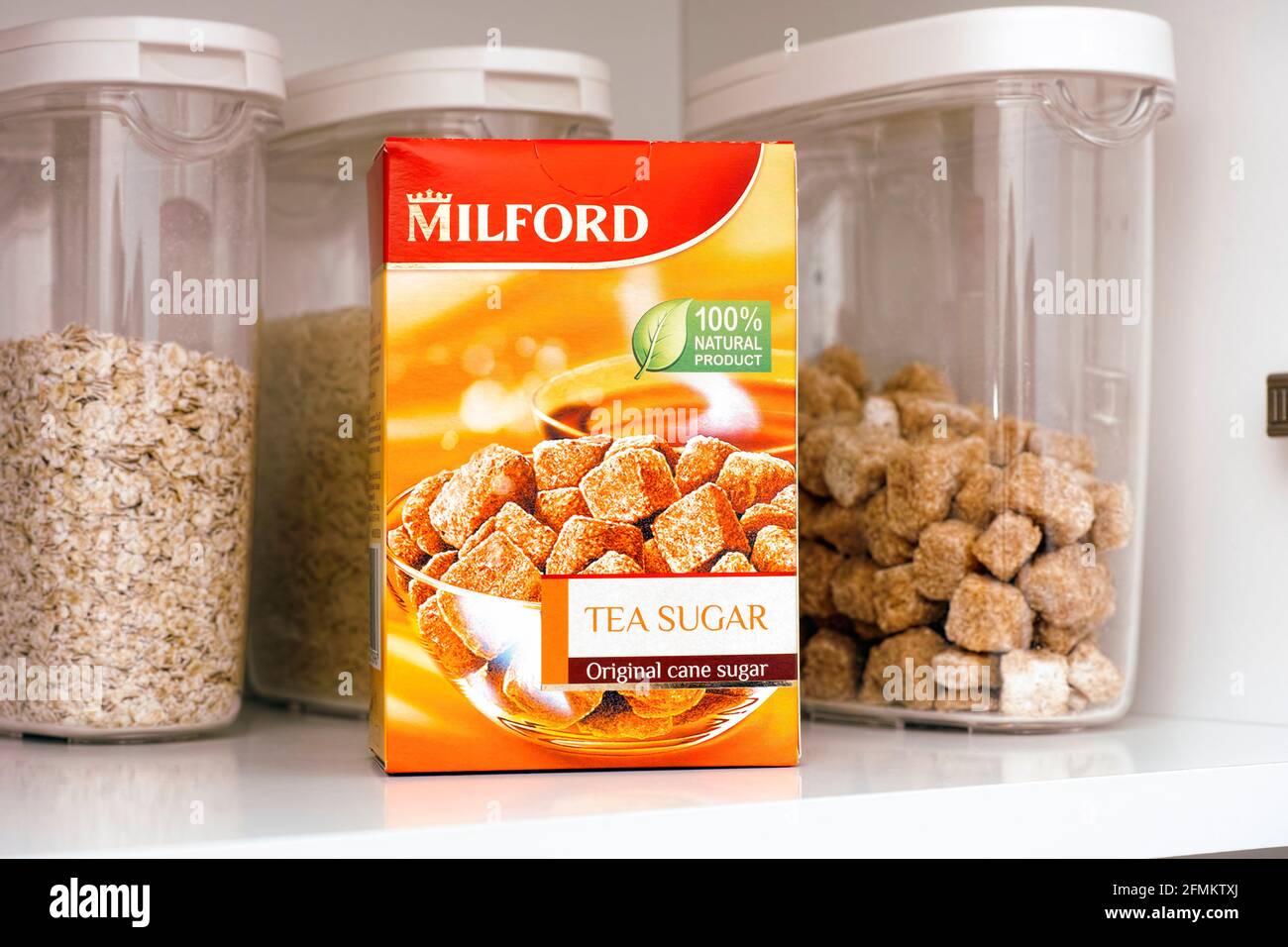 Tambov, Russian Federation - March 19, 2021 Box with cane sugar by ...