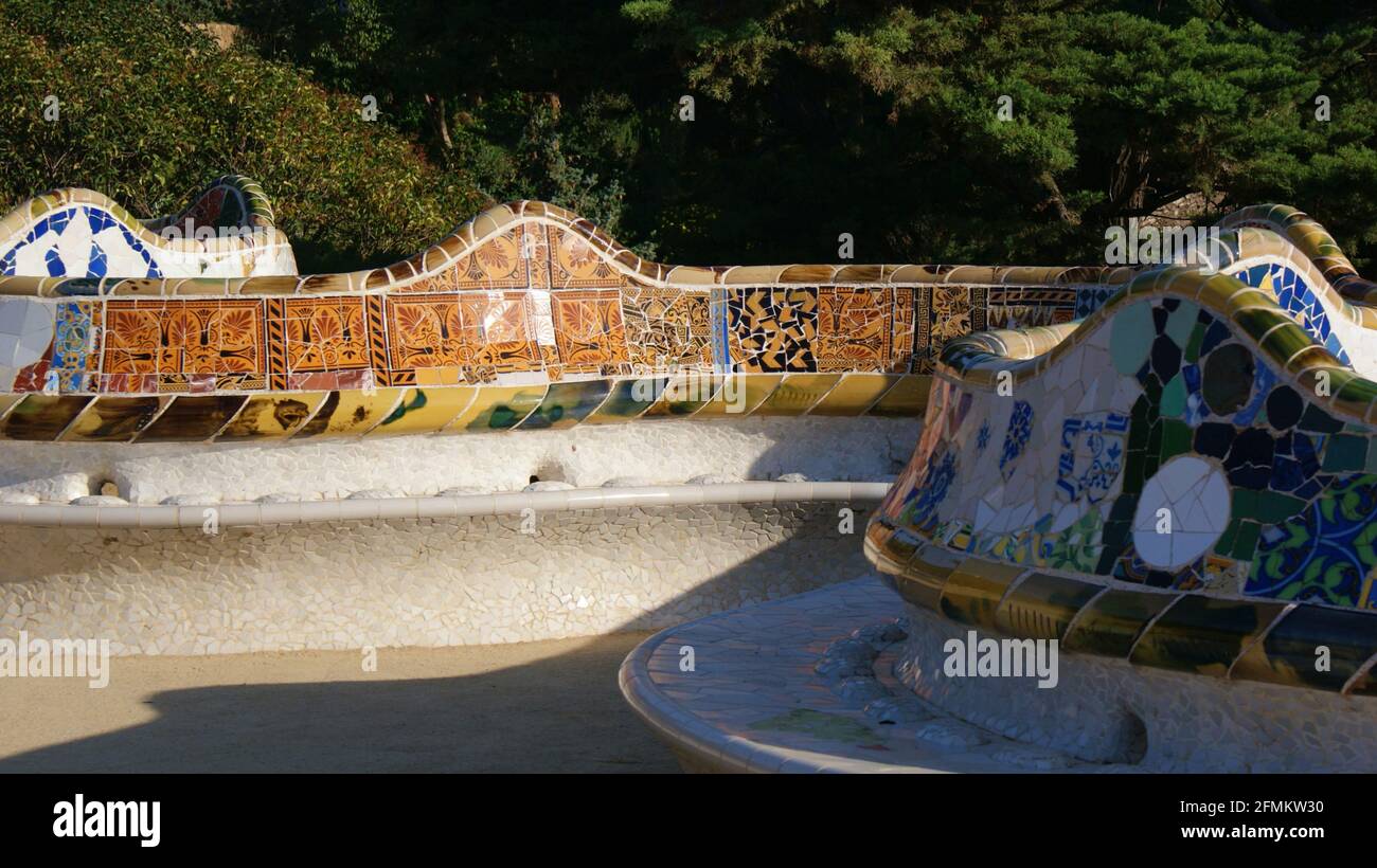 Barcelona, Catalunya, detail of the colorful benches in the Gaudì`s ...