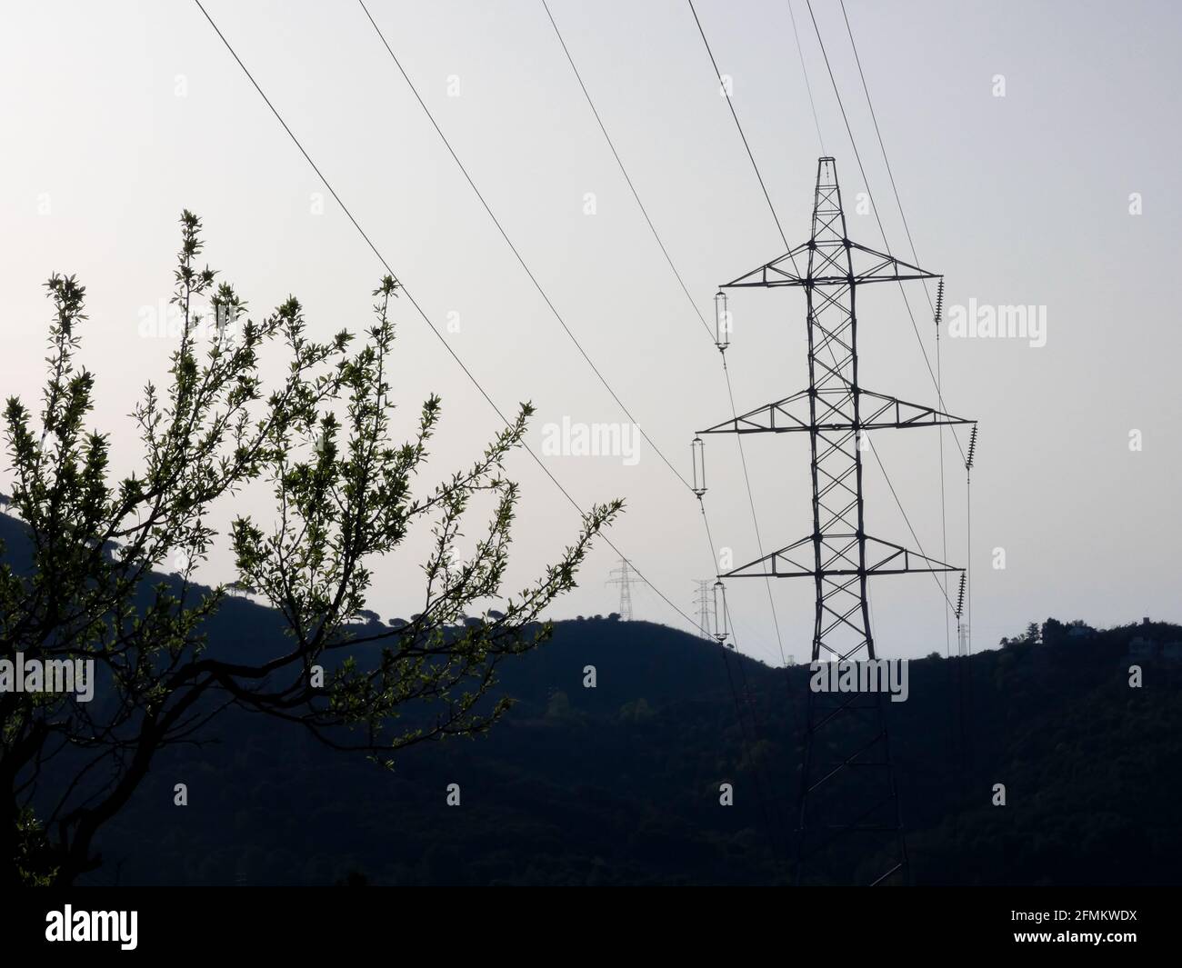 Metallic towers supporting the copper cables that carry electric power ...
