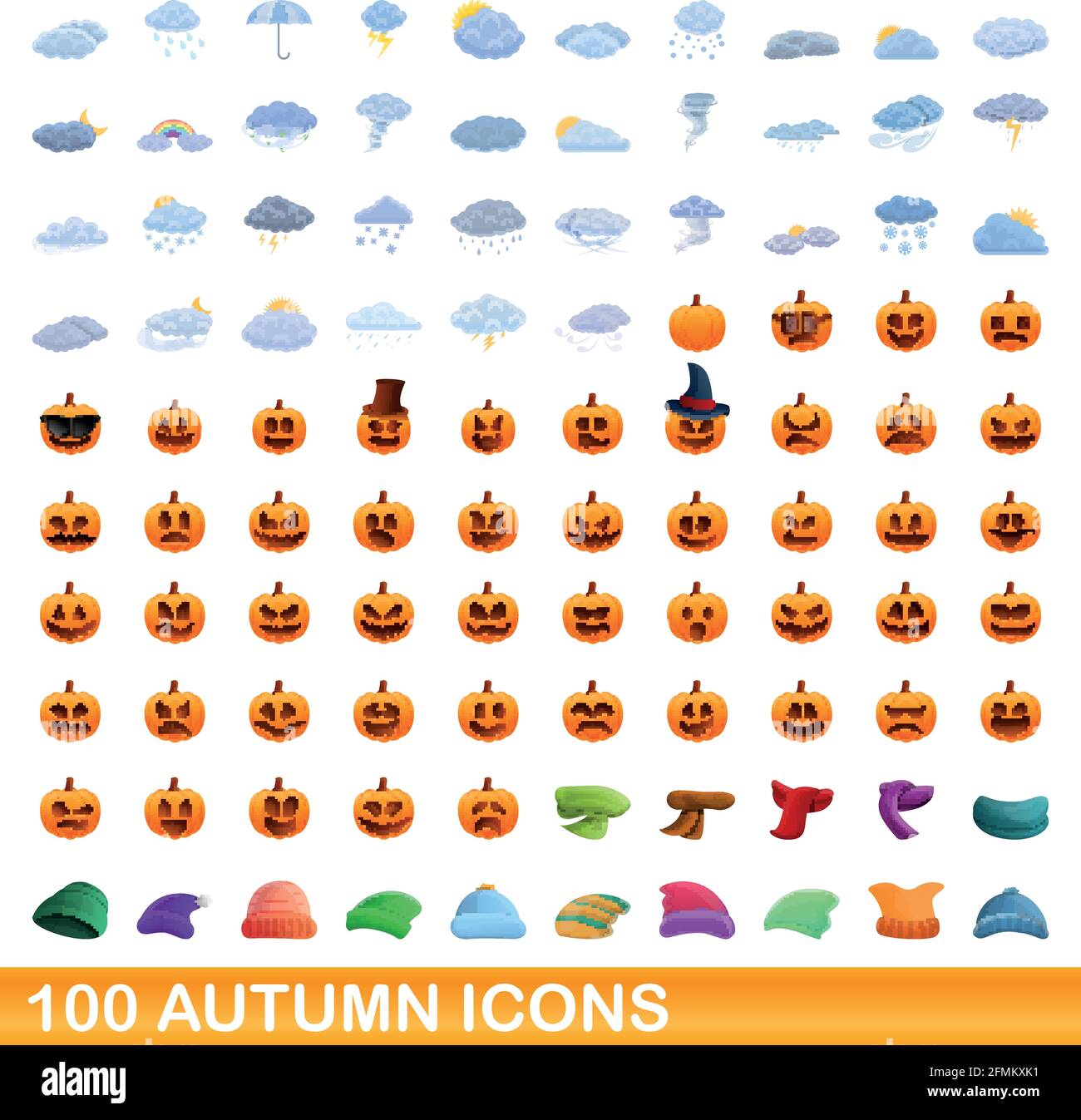100 autumn icons set. Cartoon illustration of 100 autumn icons vector ...