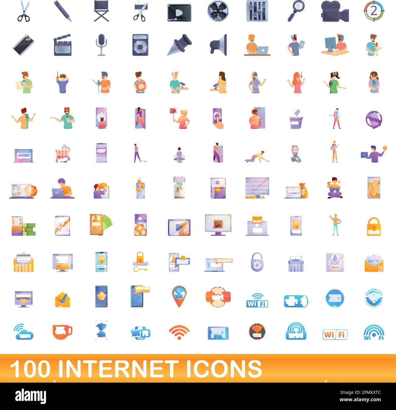 100 internet icons set. Cartoon illustration of 100 internet icons ...