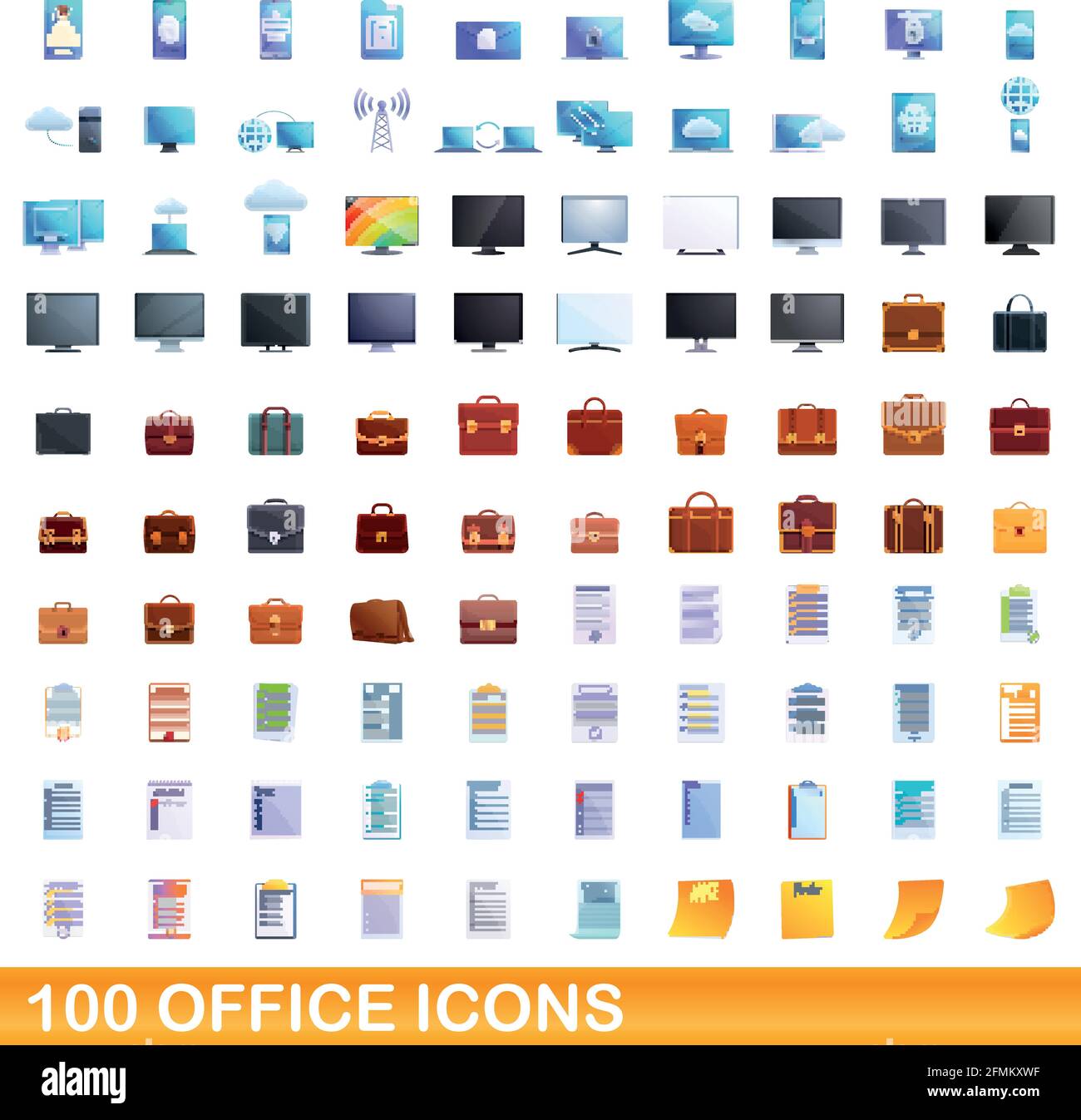 100 office icons set. Cartoon illustration of 100 office icons vector ...