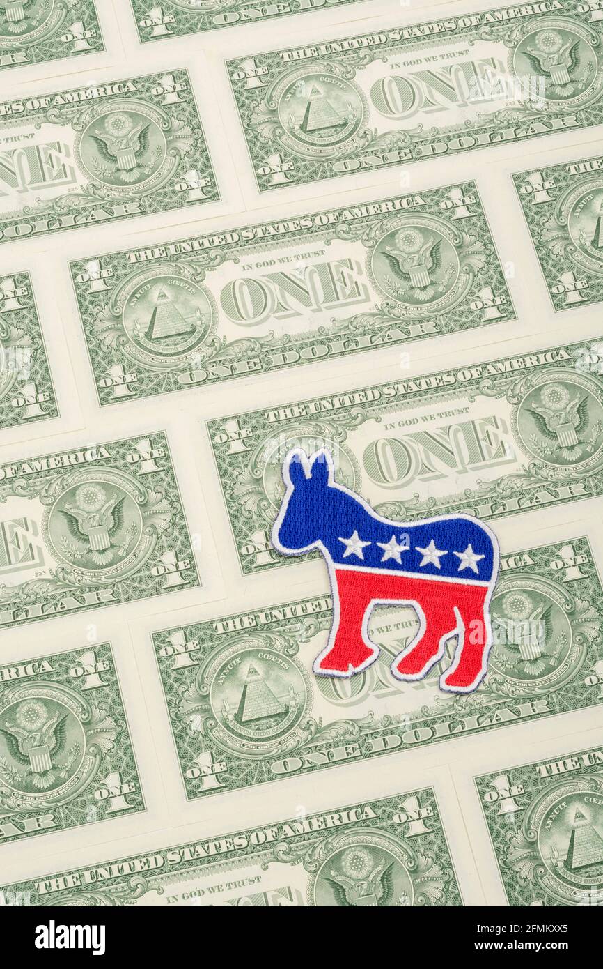Democrat donkey logo patch badge & US $1 dollar banknotes. For US ...