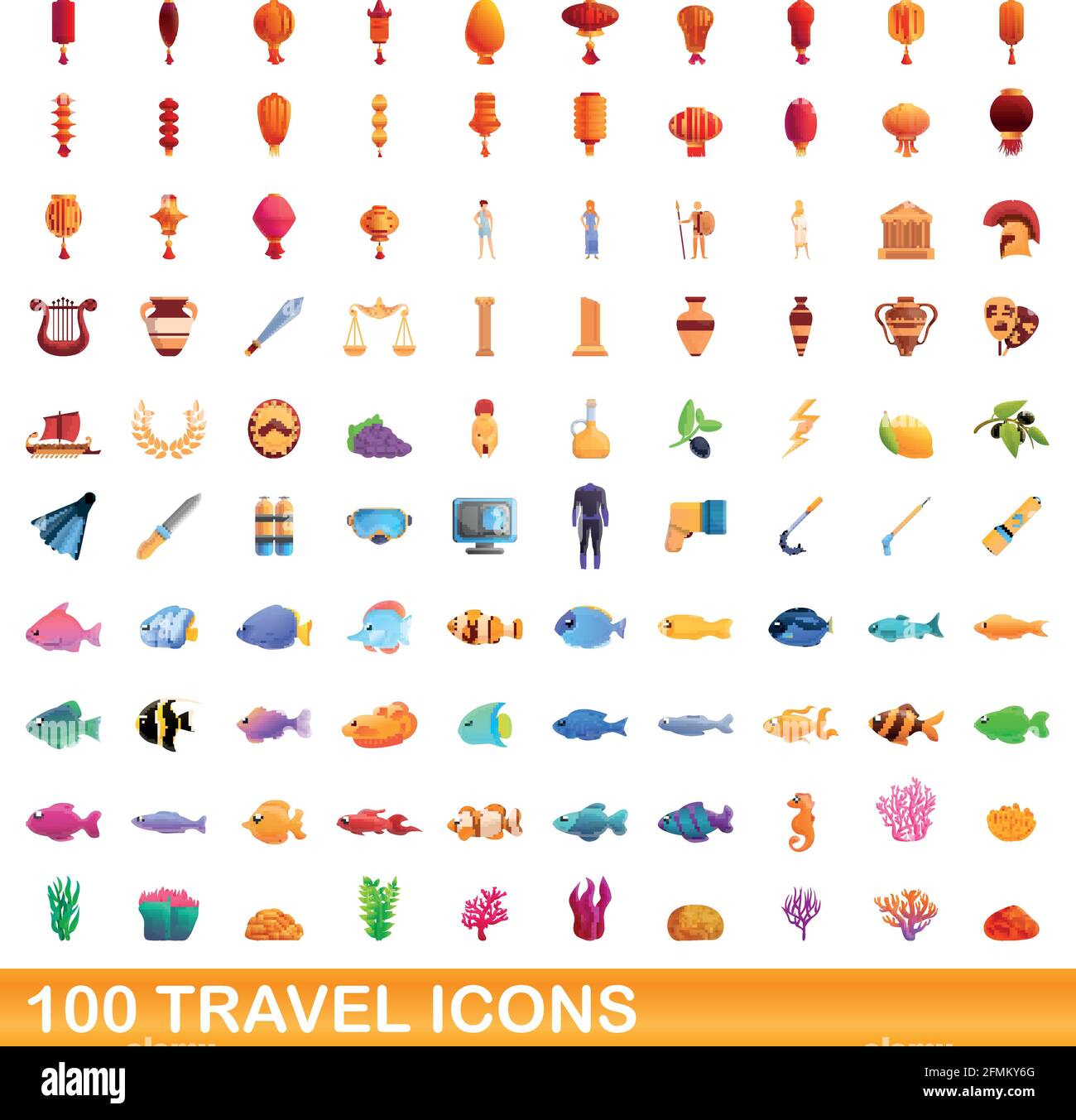 100 travel icons set. Cartoon illustration of 100 travel icons vector ...