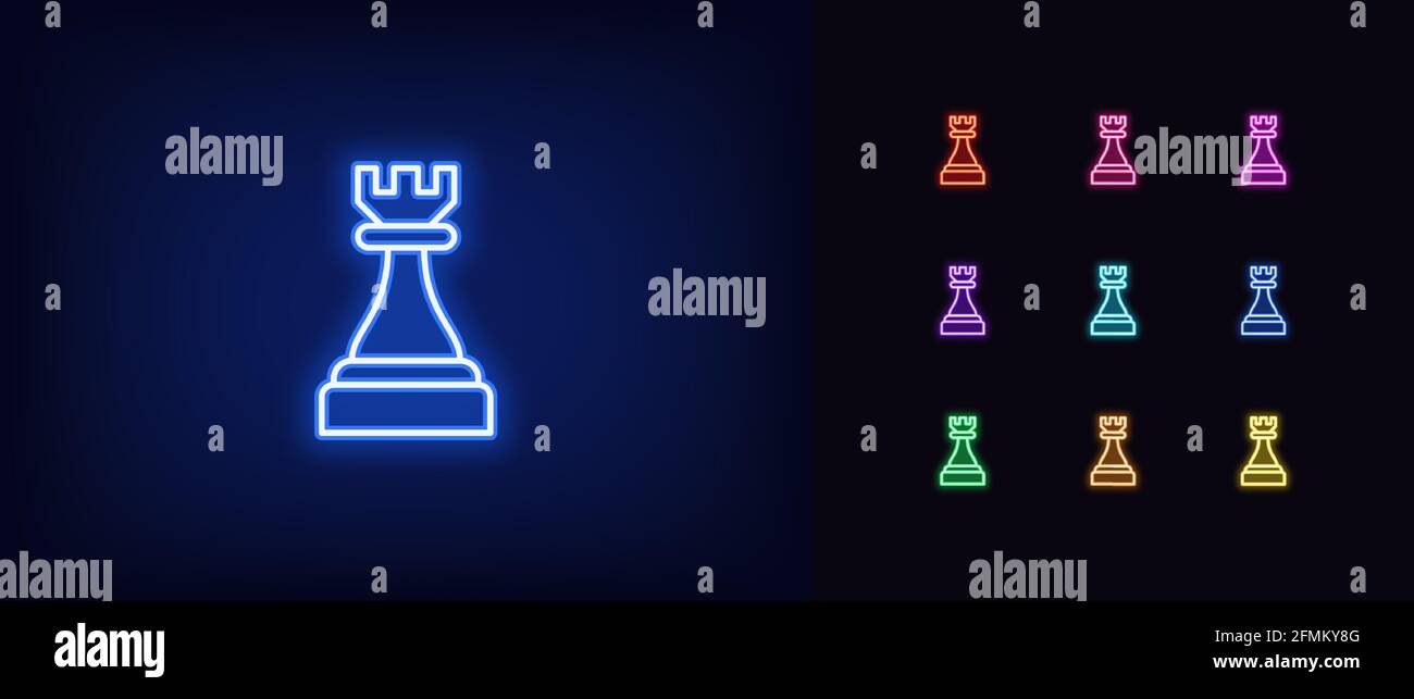 Neon chessmen rook icon. Glowing neon rook sign, outline chess piece ...