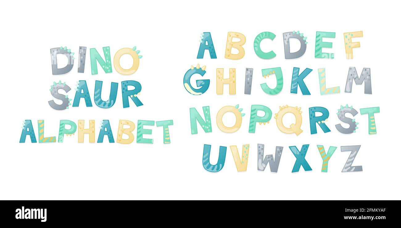 Cartoon cute Dinosaur alphabet. Dino font with letters. Children Vector illustration for t ...