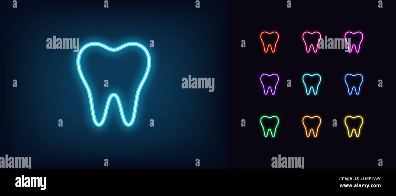 Neon tooth icon. Glowing neon tooth sign, outline dentist pictogram in ...
