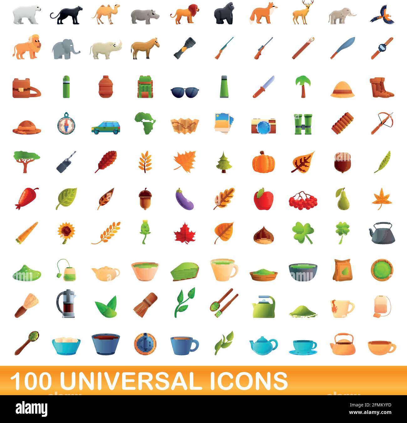100 universal icons set. Cartoon illustration of 100 universal icons ...