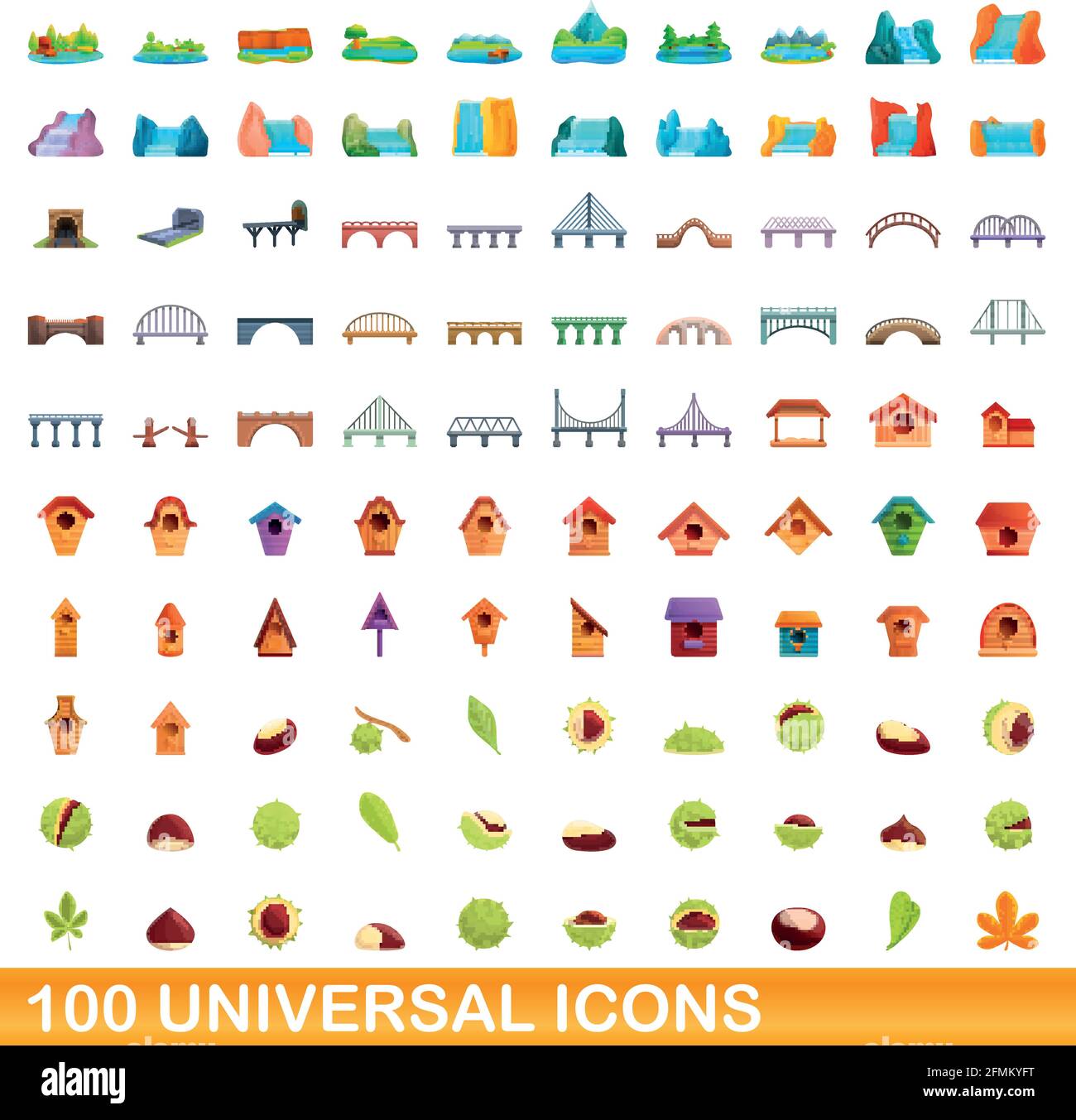 100 universal icons set. Cartoon illustration of 100 universal icons ...