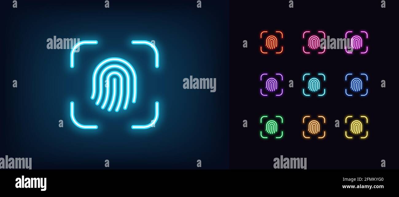 Neon fingerprint scanner icon. Glowing neon thumbprint sign, outline ...