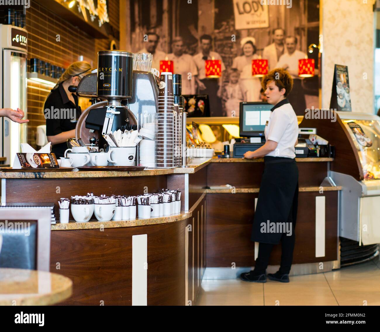 POZNAN, POLAND - Feb 16, 2014: Interior of a ice cream bar serving ...