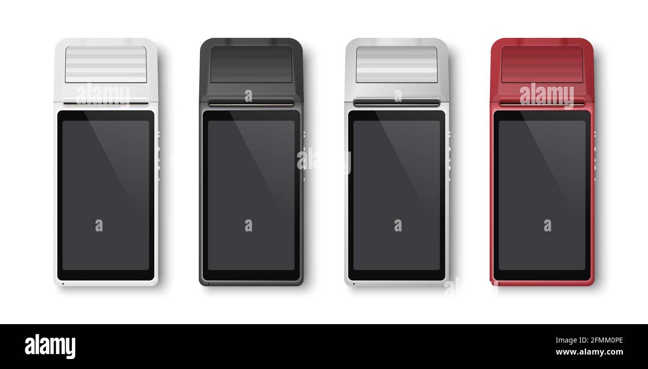 Vector Realistic Silver 3d Payment Machine. POS Terminal Set Closeup ...