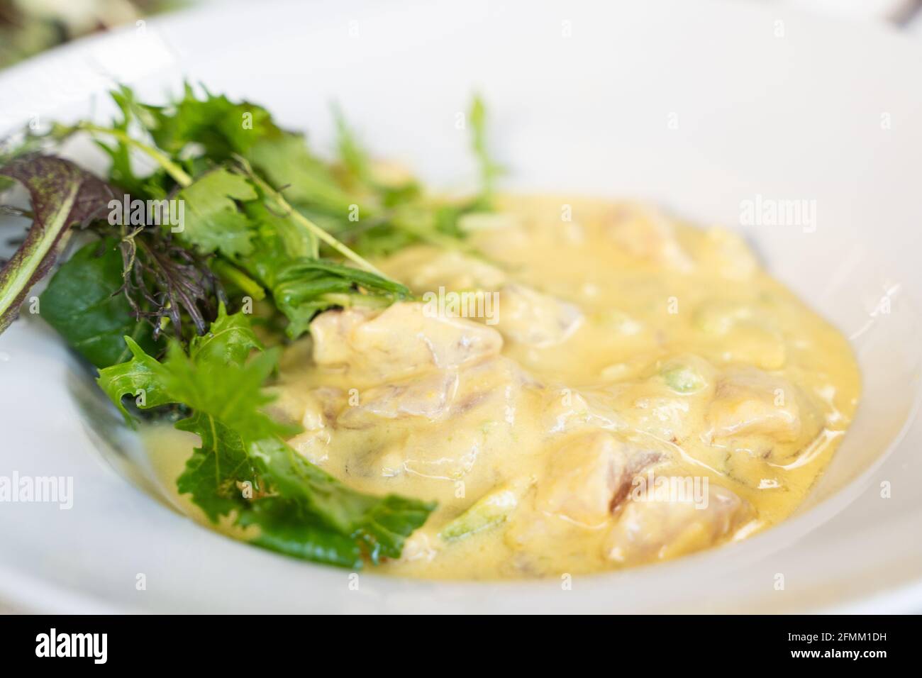 Fresh ceviche plate with milk sauce and lettuce on side. Gourmet sea ...