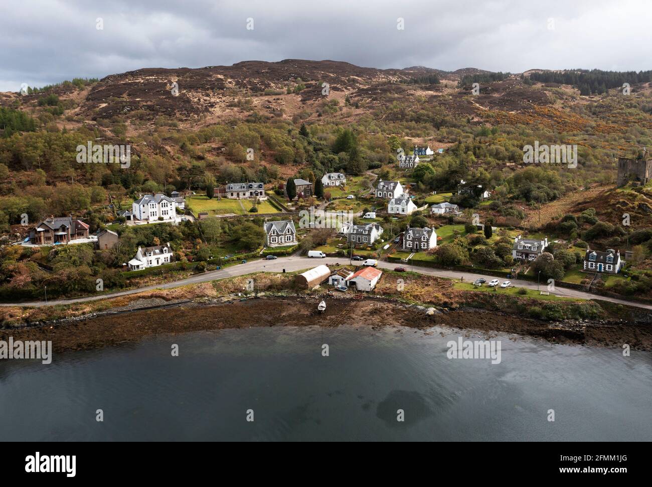 Aerial view of Tarbert Castle and village, Kintyre Peninsula, Argyll ...