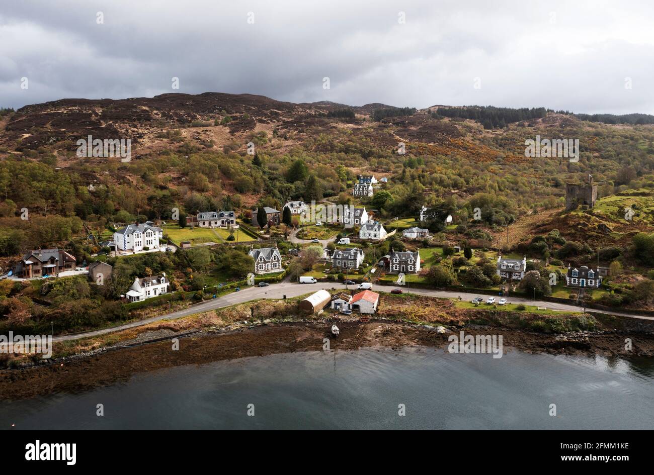 Aerial view of Tarbert Castle and village, Kintyre Peninsula, Argyll ...