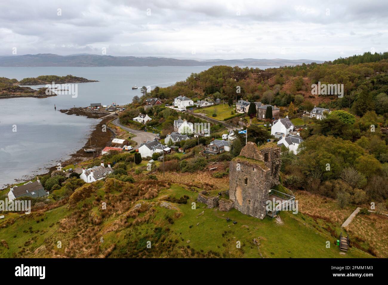 Aerial view of Tarbert castle, Tarbert, Kintyre peninsula, Argyll ...